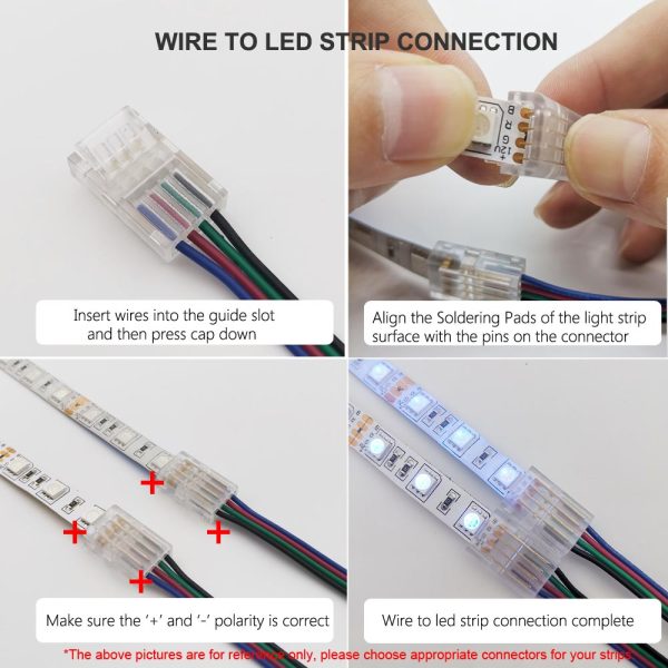 4 Pin 10mm LED Strip to Wire Connector RGB Unwired Clips Solderless ...